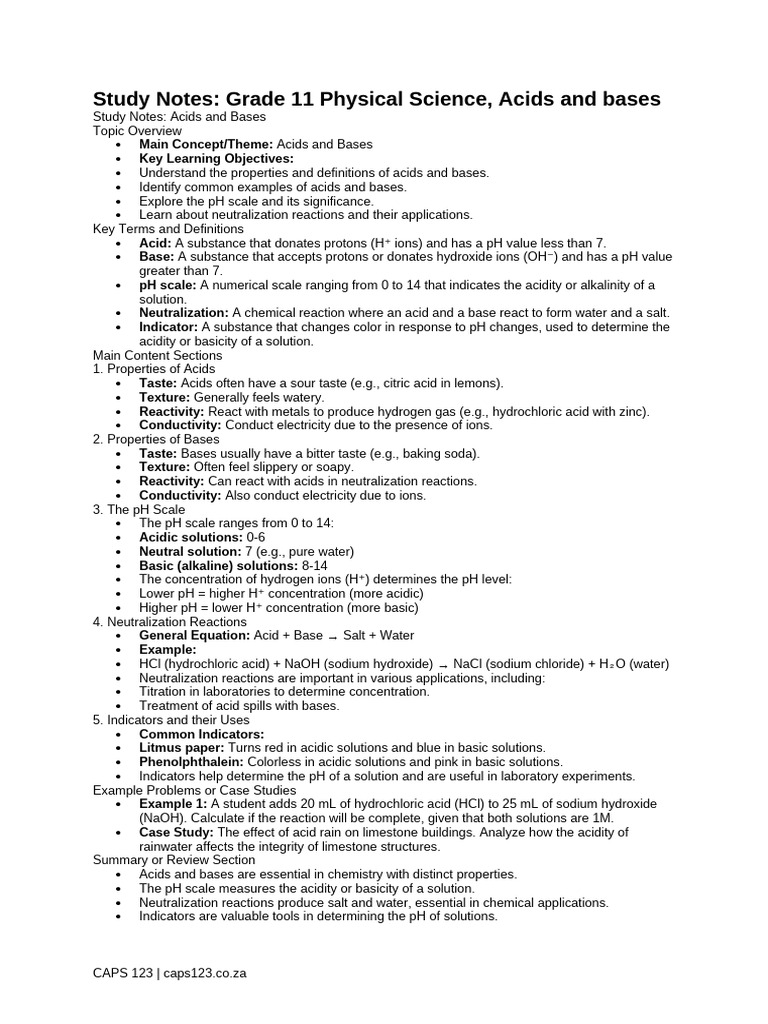 Study Notes Grade 11 Physical Science Acids and Bases | PDF | Acid | Ph