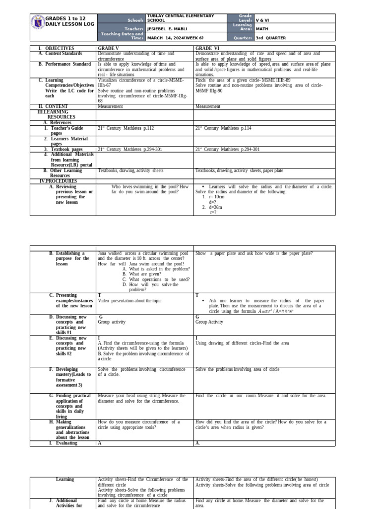 MATH 5&6 COT 3 | PDF | Area | Circle