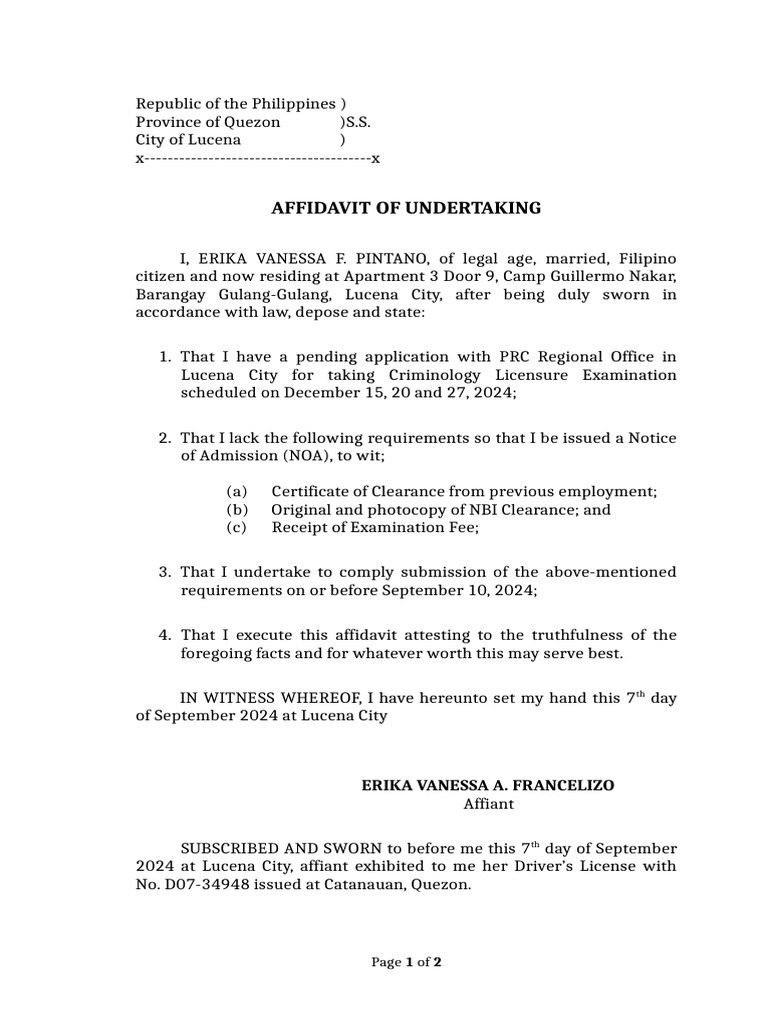 Affidavit of Undertaking for PRC Exam | PDF