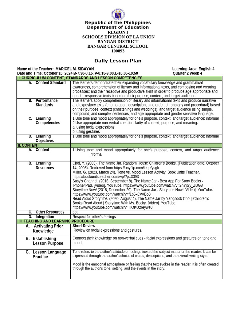 English 4 Dlp-q2 w4-Day 2 | PDF | Learning | Nonverbal Communication