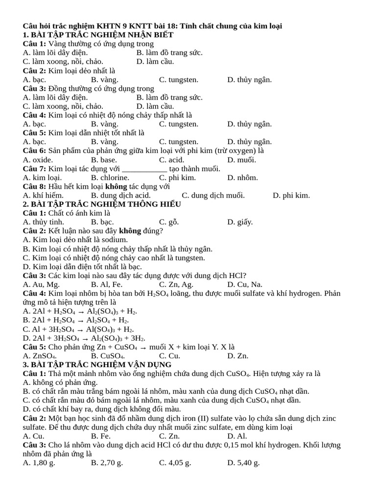 Câu hỏi trắc nghiệm KHTN 9 KNTT bài 18 - 8 bản | PDF