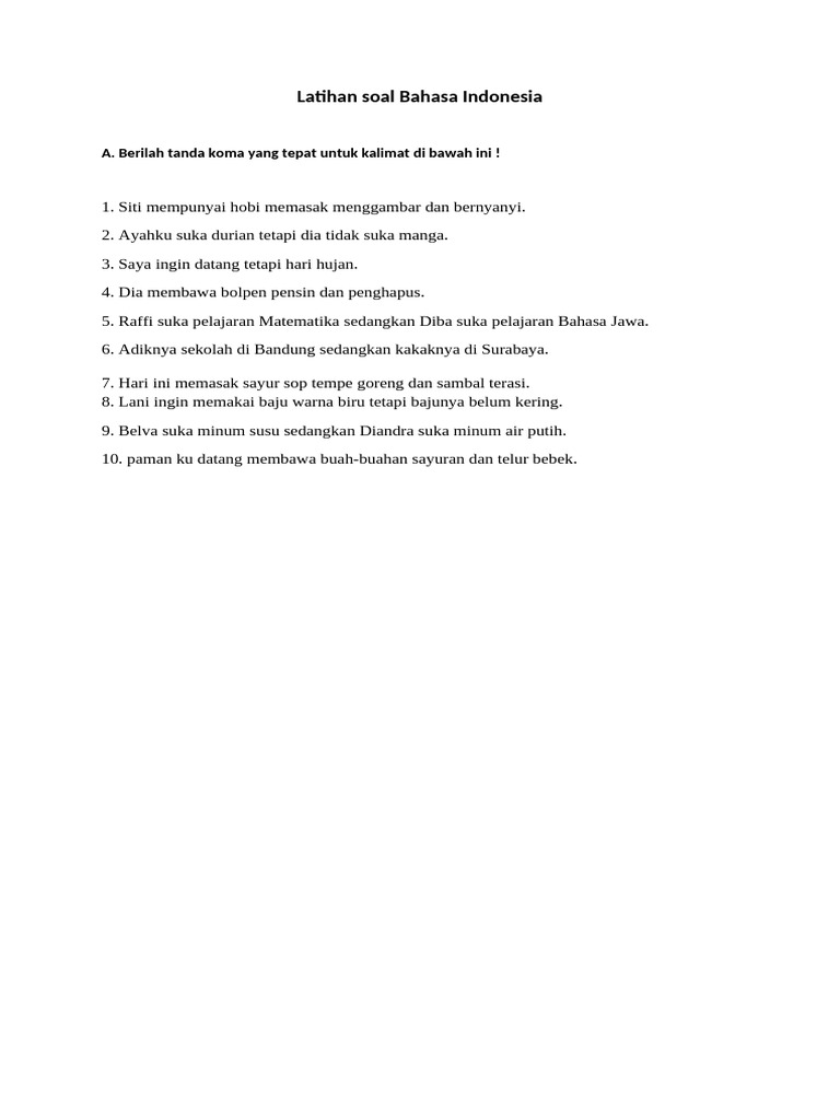 Latihan Soal Bahasa Indonesia Tanda Koma | PDF | Seni & Disiplin Bahasa