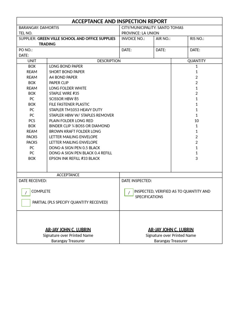 ACCEPTANCE AND INSPECTION REPORT 2024 | PDF | Stationery | Office Work