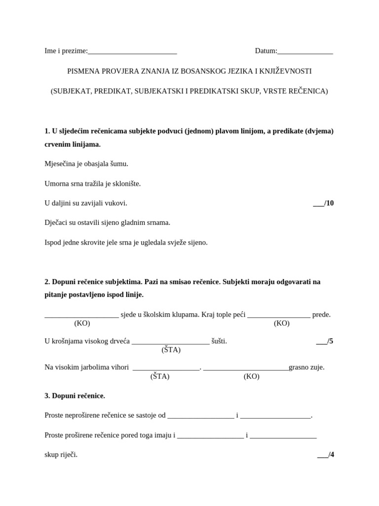 Provjera Subjekat I Predikat | PDF