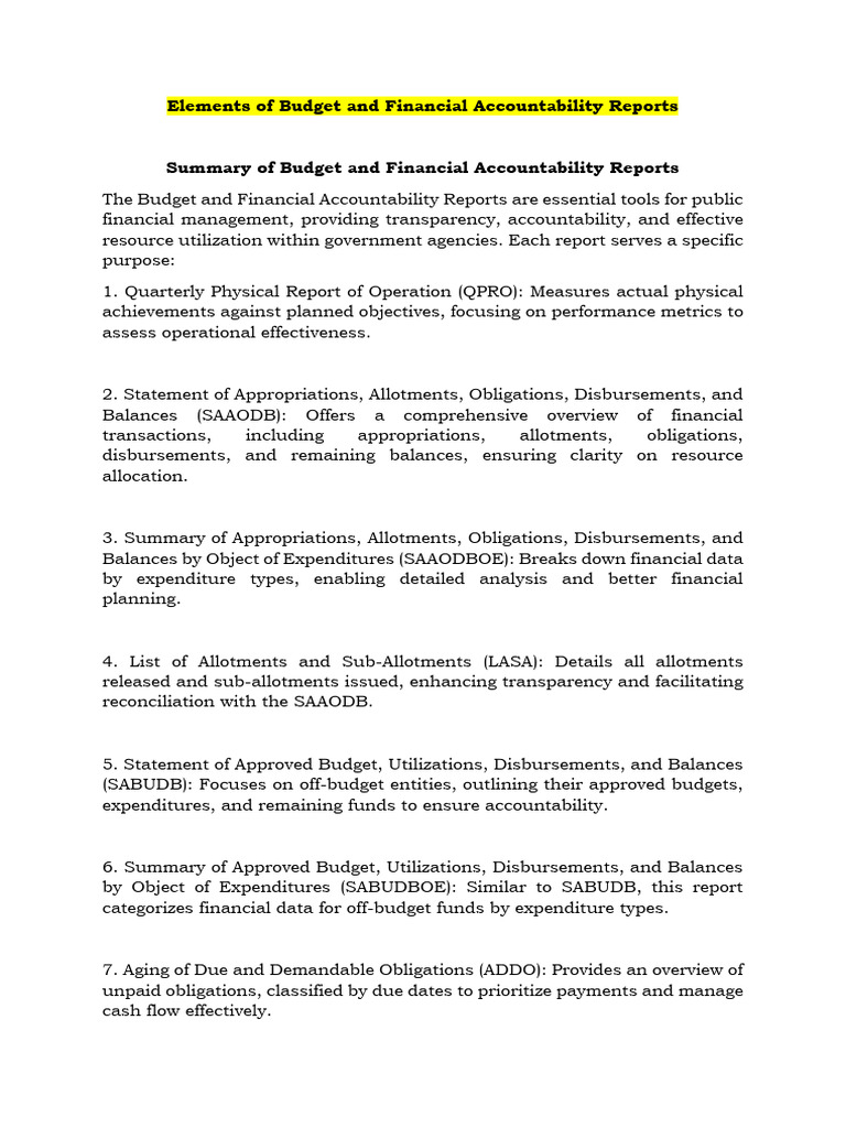 Summary of Budget and Financial Accountability Reports | PDF