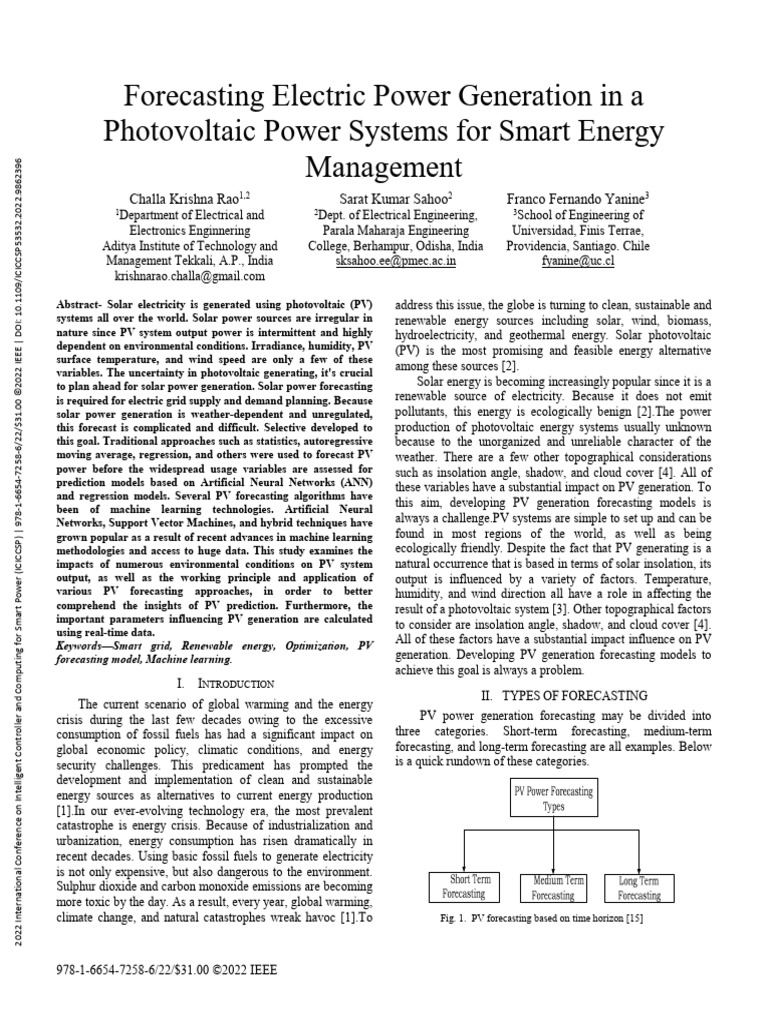 Forecasting Electric Power Generation in A Photovoltaic Power Systems For Smart Energy ...