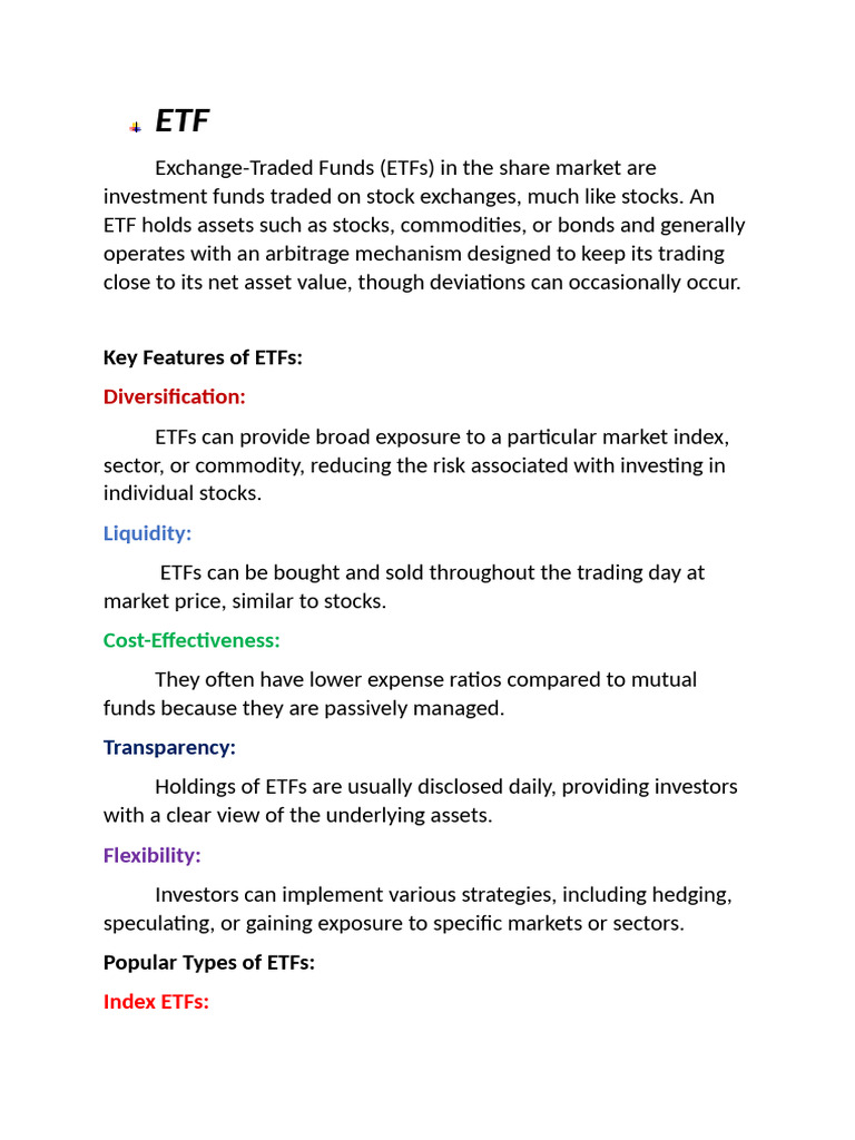 Key Features of Etfs:: Diversification | PDF | Exchange Traded Fund | Investment Fund