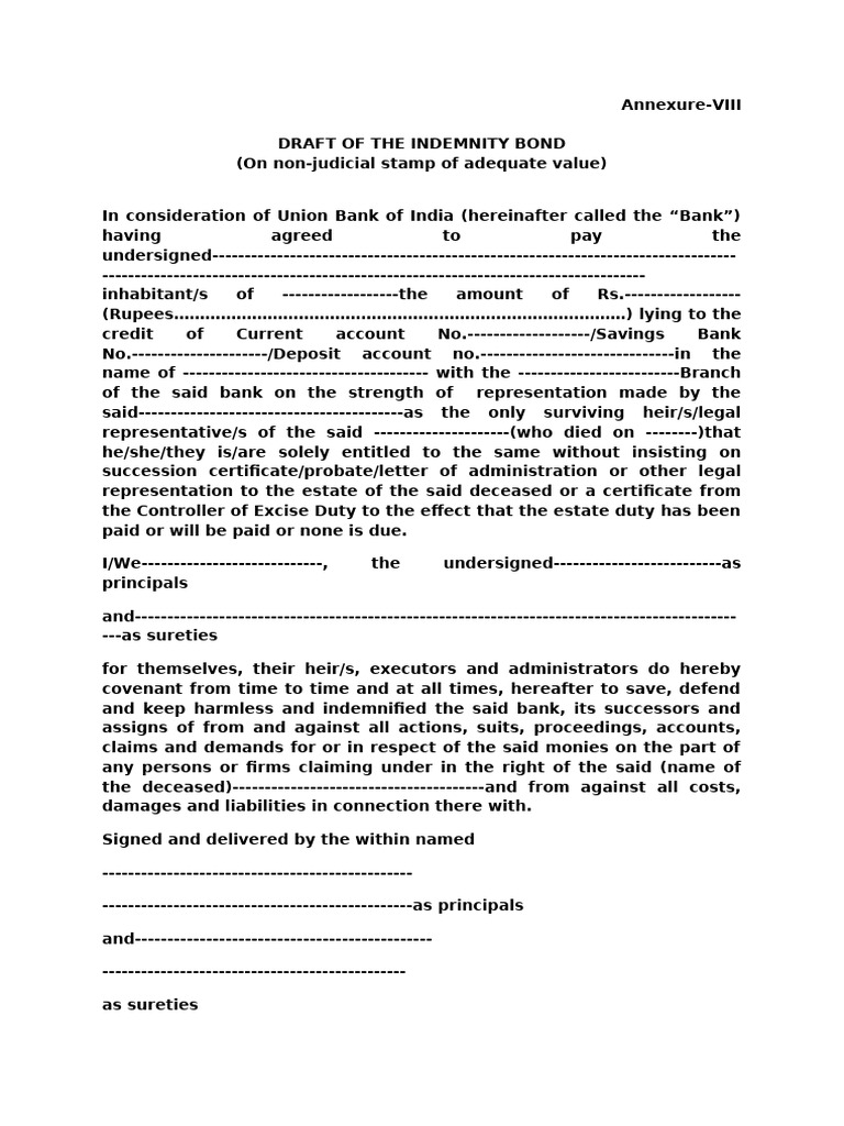 Annexure VIII Draft of Indemnity Bond | PDF | Indemnity | Surety