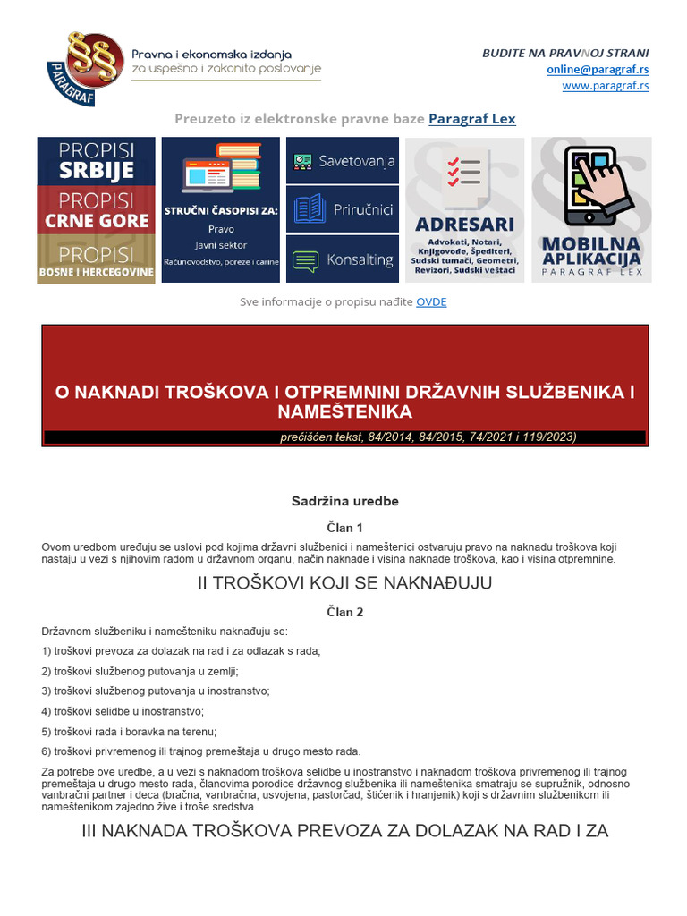 Uredba o Naknadi Troskova I Otpremnini Drzavnih Sluzbenika I Namestenika | PDF