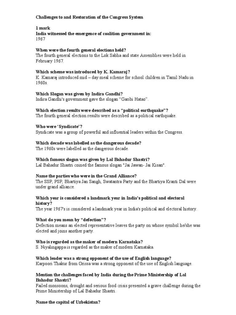 Challenges to and Restoration of the Congress System | Indian National ...