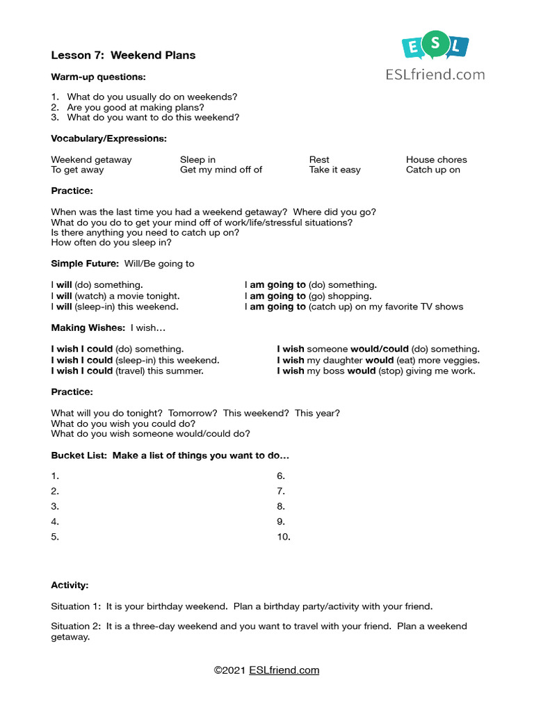 Preint Lesson07 WeekendPlans | PDF