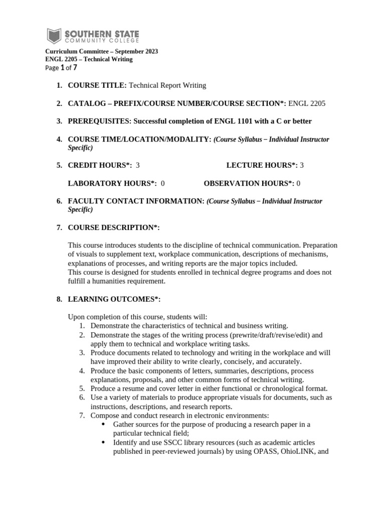 ENGL 2205 - Technical Report Writing | PDF | Curriculum | Writing