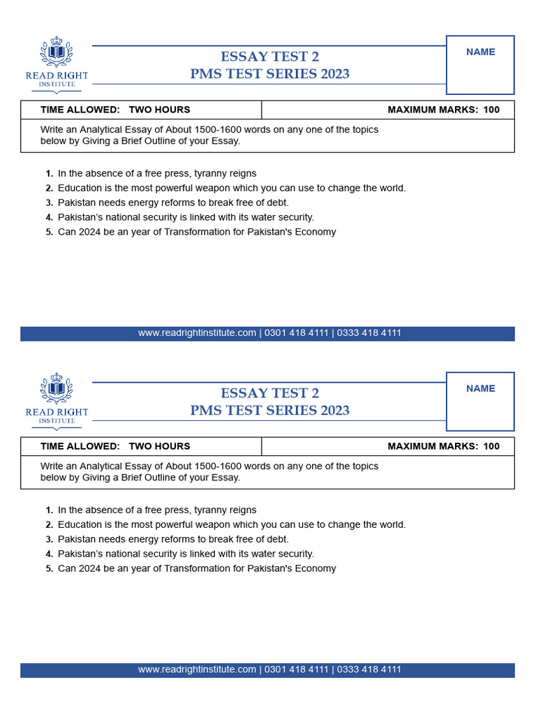 PMS 2023 Essay Test Topics Guide | PDF | Finance & Money Management ...