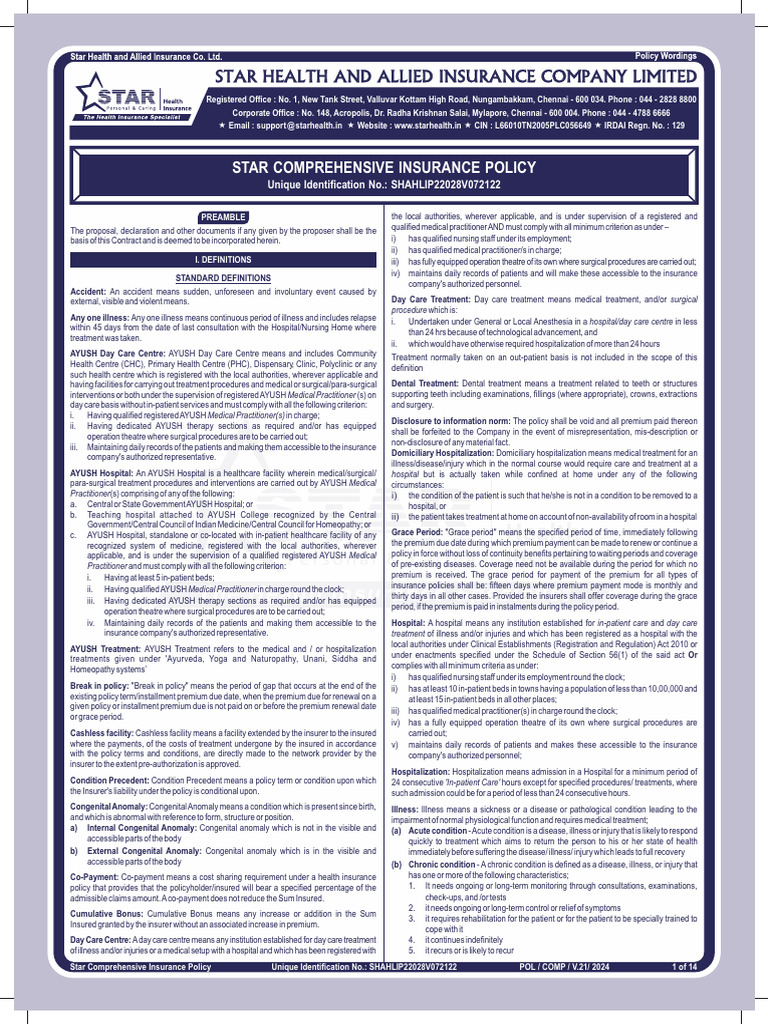 Star Comprehensive Policy Clause New 1 | PDF | Intensive Care Unit ...