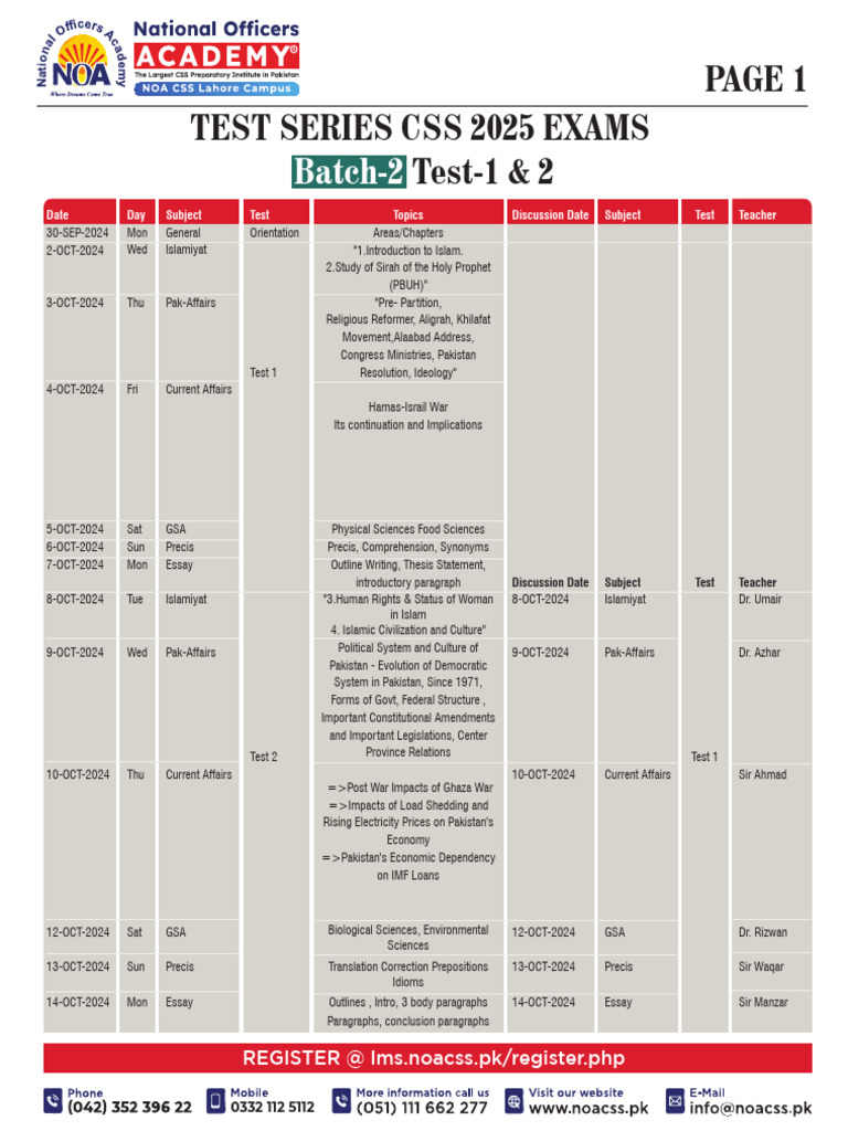 NOA CSS 2025 Test Series Schedule | PDF | Essays | Pakistan