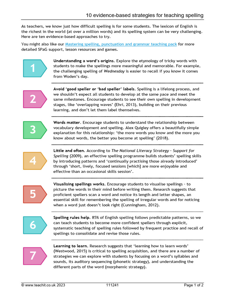 10 Evidence Based Strategies Spelling Teachit 111241 | PDF | Spelling ...