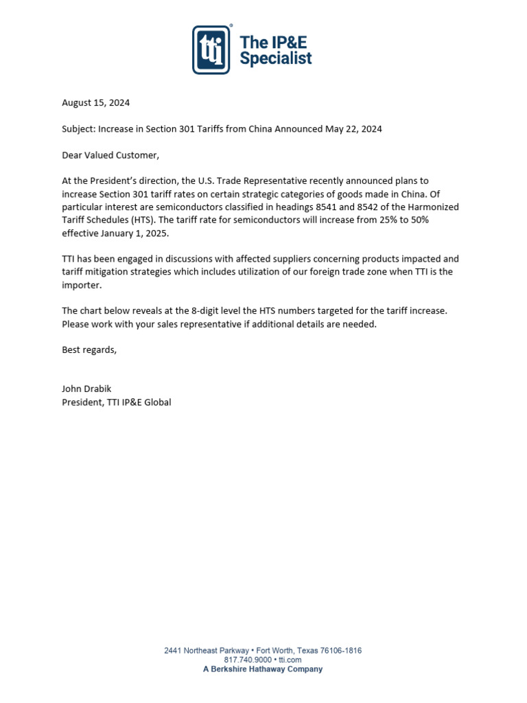 TTI China Tariffs Update | PDF | Transistor | Semiconductor Devices