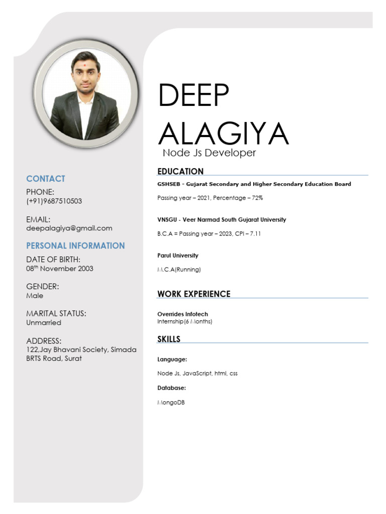 Node.js Developer Resume - Deep Alagiya | PDF