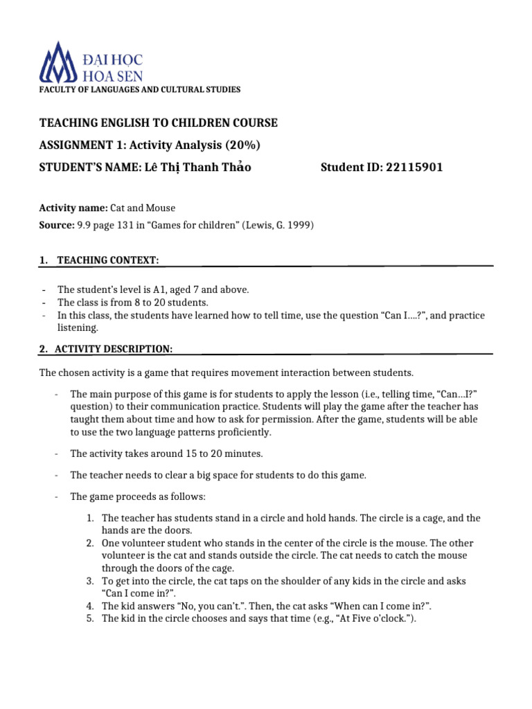 Assignment 1 - Activity Analysis - Template | PDF | Teachers ...