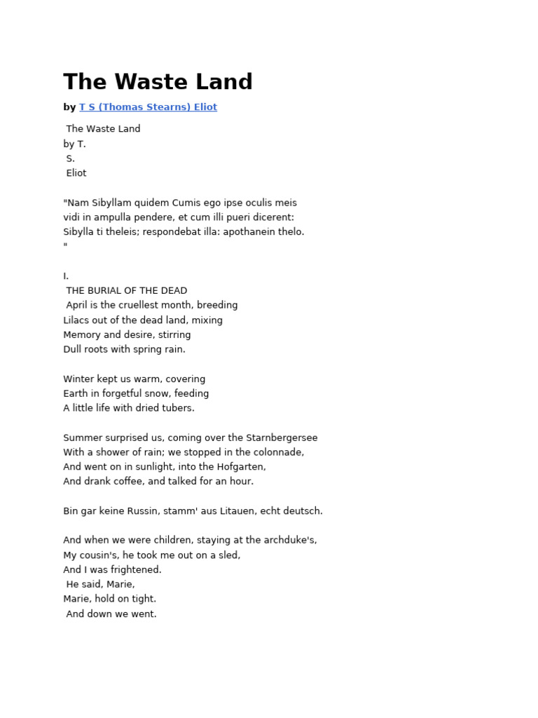 The Waste Land: T S (Thomas Stearns) Eliot | PDF