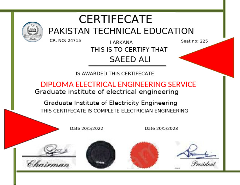 Electrical Engineering Diploma Certificate | PDF