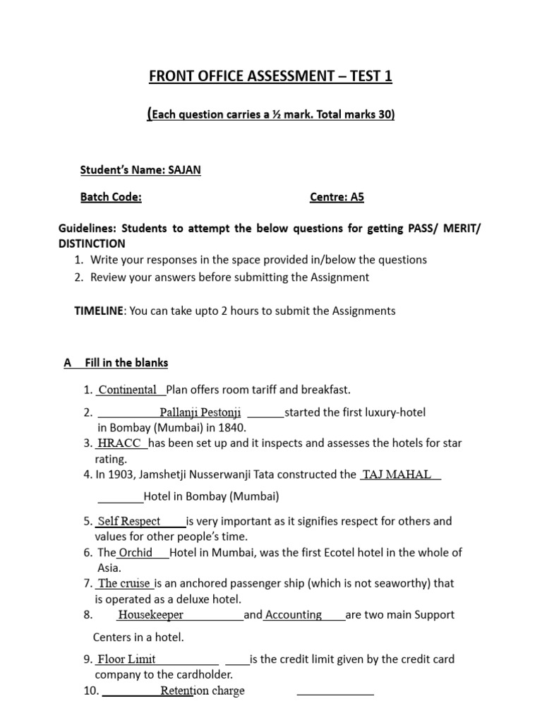 Front Office Assessment Test | PDF | Hotel | Baggage
