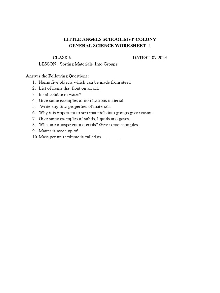 Science Worksheet 1 | PDF