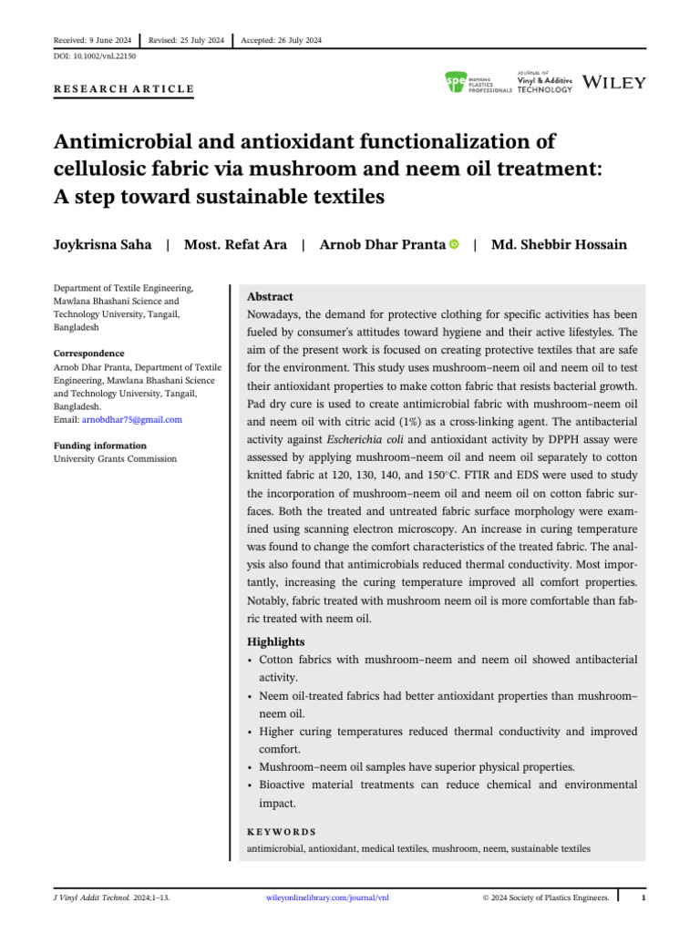 Antimicrobial Cotton with Neem & Mushroom | PDF | Textiles | Antimicrobial
