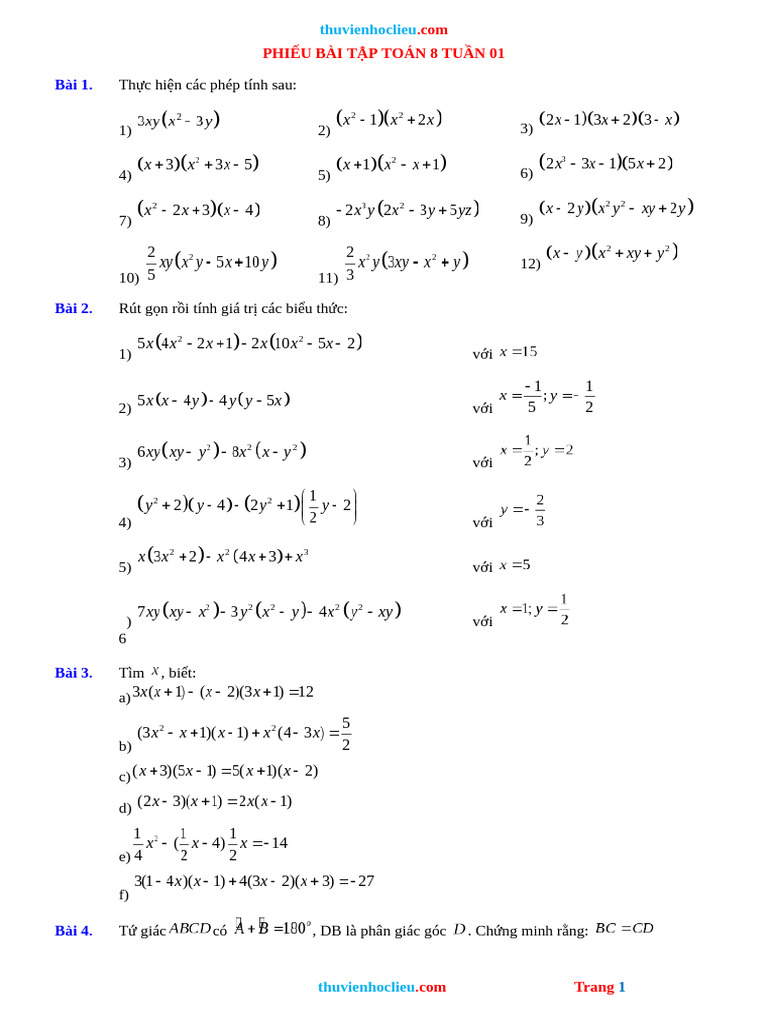 Thuvienhoclieu.com Toan 8 PBT Tuan 01 | PDF
