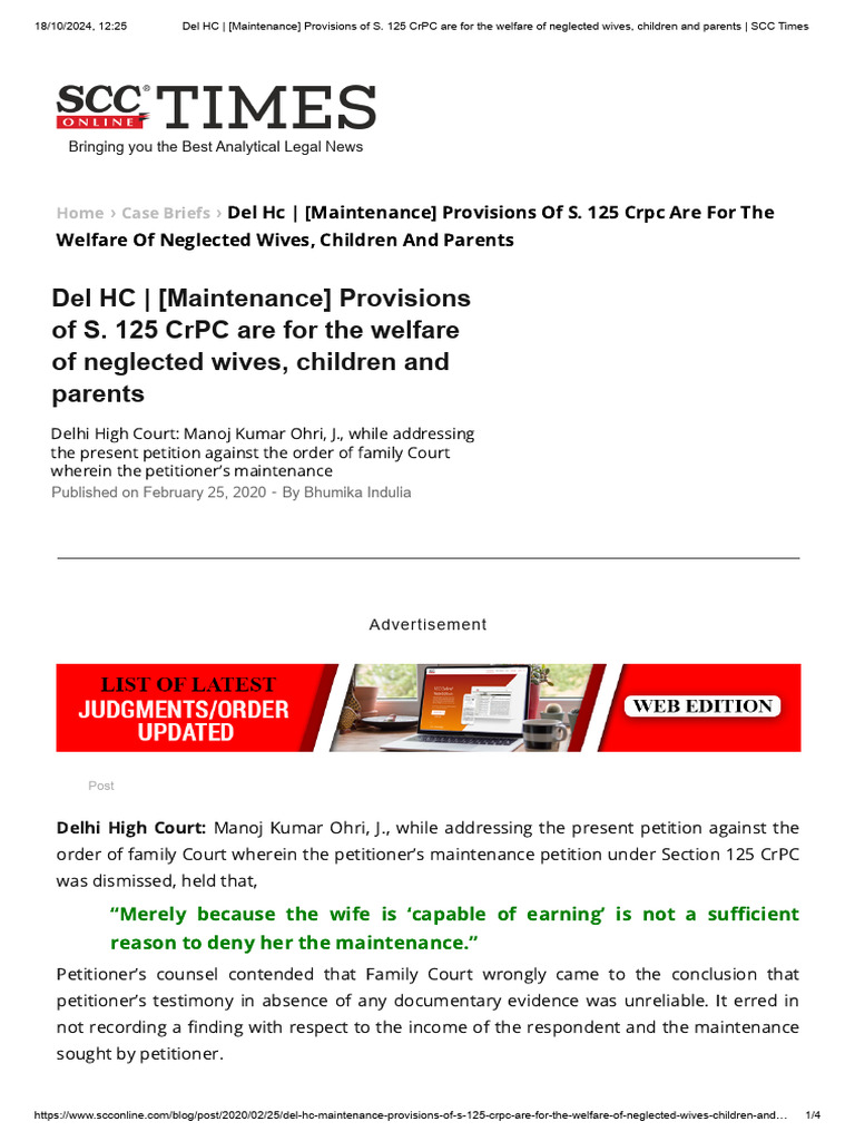 Del HC - (Maintenance) Provisions of S. 125 CRPC Are For The Welfare of Neglected Wives ...