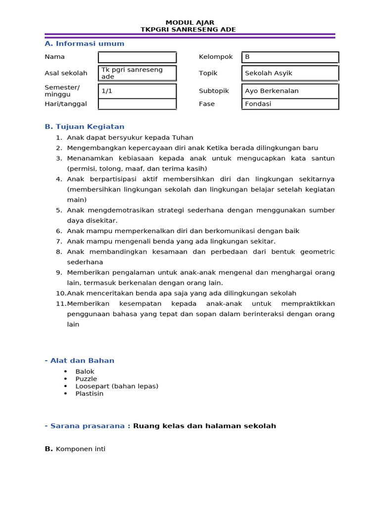 Modul Ajar: Sekolah Asyik untuk TK | PDF | Seni & Disiplin Bahasa ...