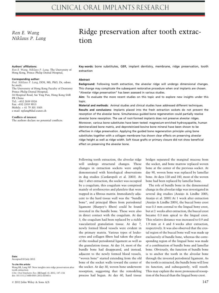 Clinical Oral Implants Res - 2012 - Wang - Ridge Preservation After Tooth Extraction | PDF ...