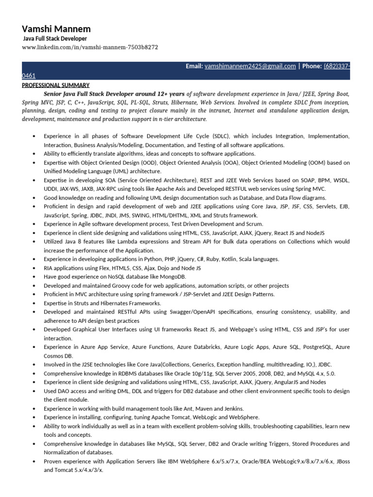 Vamshi Mannem - Resume | PDF | Spring Framework | Web Service