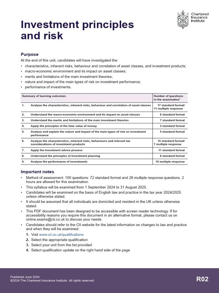 r02 Investment Principles and Risk Examination Syllabus | PDF | Risk ...