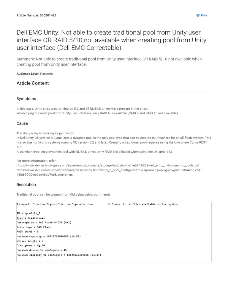 Dell EMC Unity - Not Able To Create Traditional Pool From Unity User Interface OR RAID 5 - 10 ...