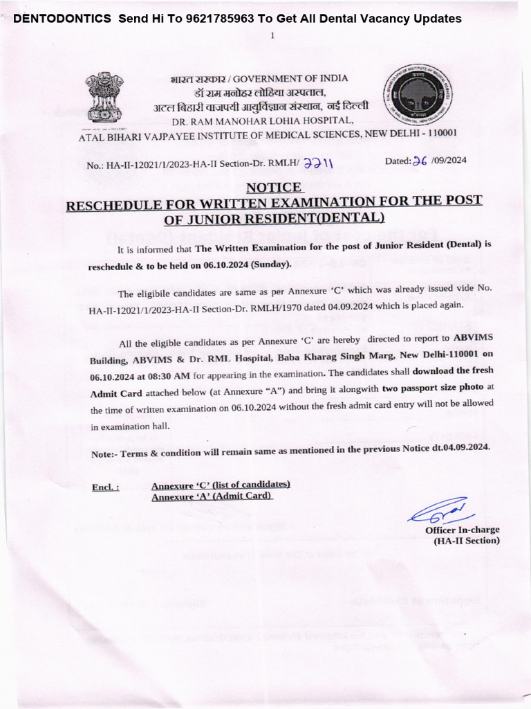 RML Dental Junior Resident Exam Rescheduled | PDF