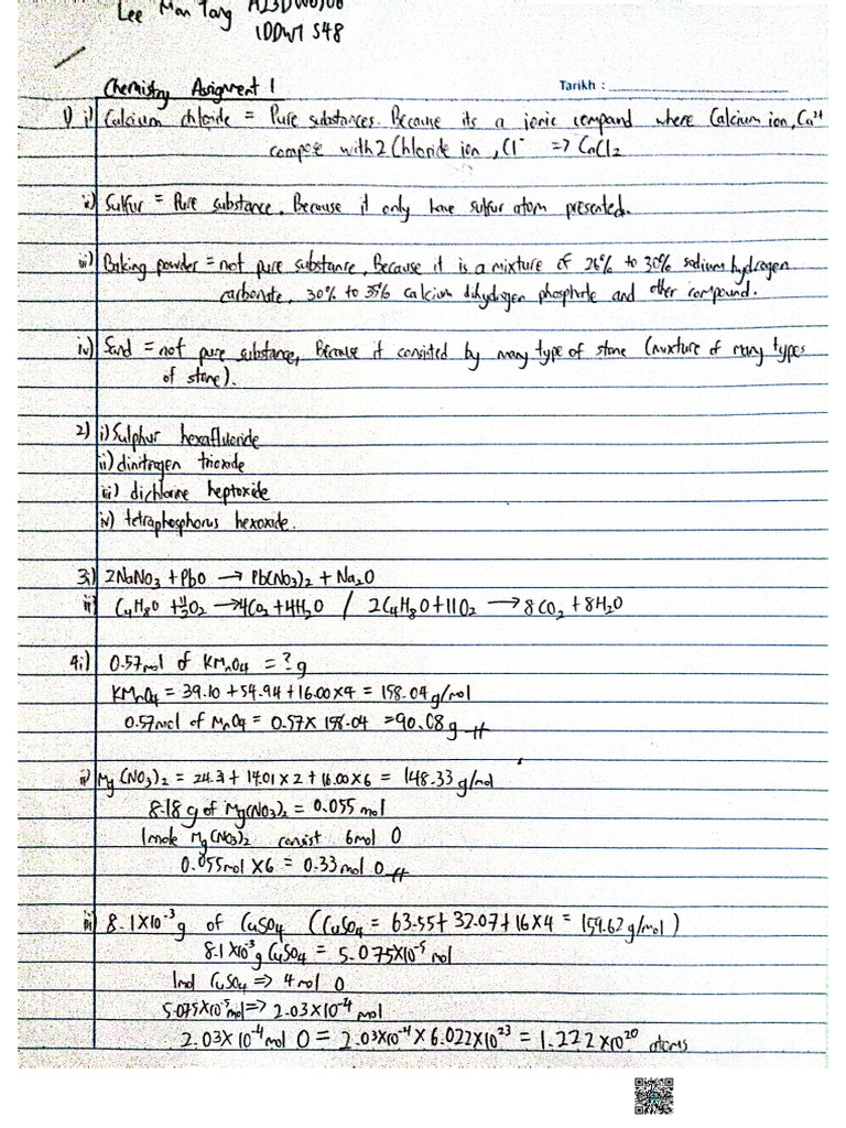 Chemistry Assignment1 LeemantangA23DW0506 | PDF