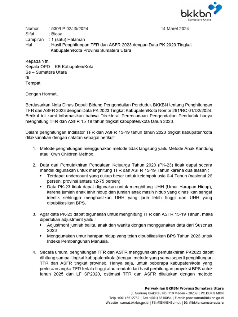 Hasil TFR dan ASFR Sumut 2023 | PDF