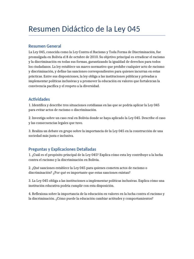Resumen Didactico Ley 045 | PDF