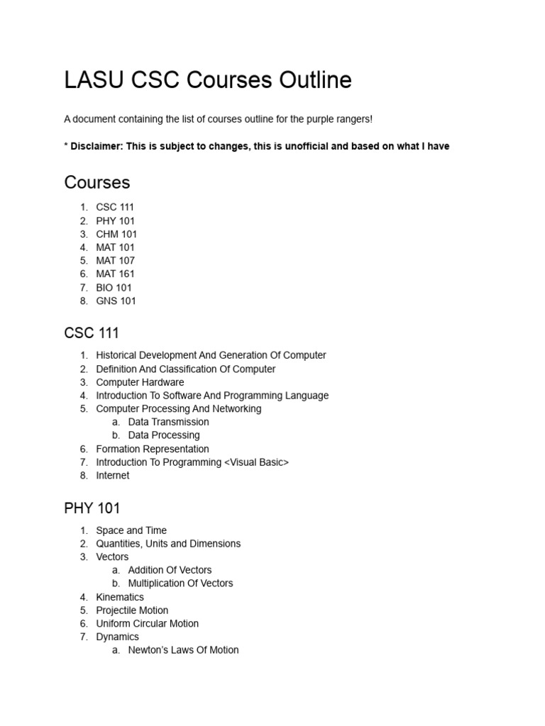 LASU CSC Courses Outline | PDF | Chemical Bond | Vector Space
