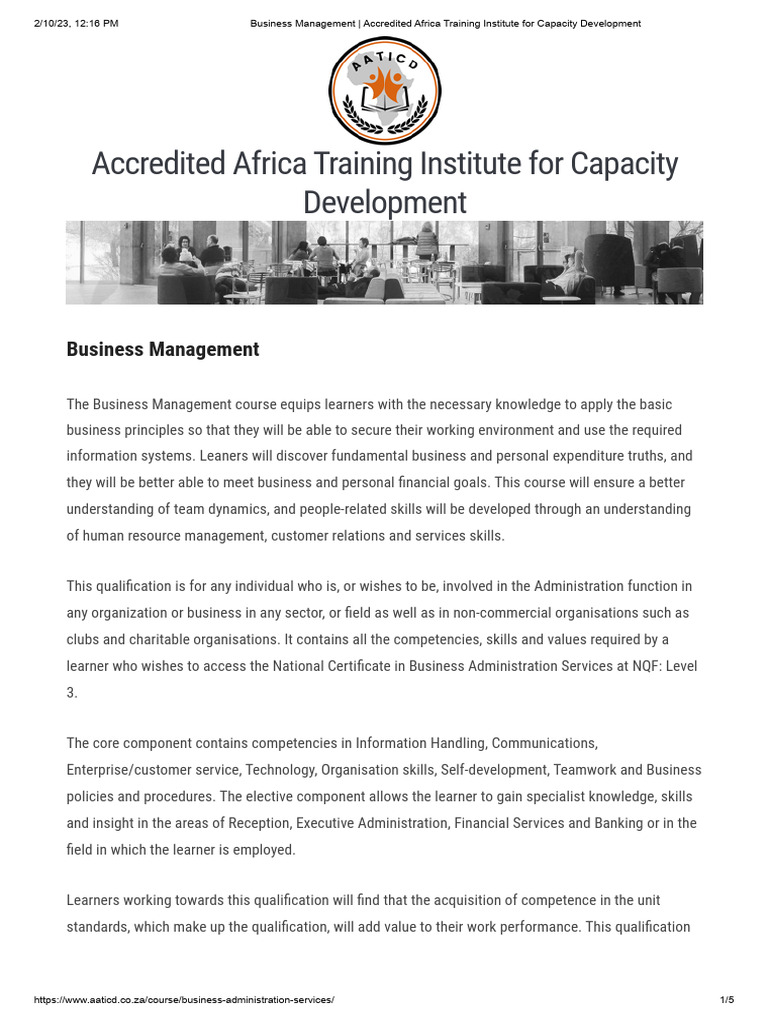 Business Management - Accredited Africa Training Institute For Capacity Development | PDF