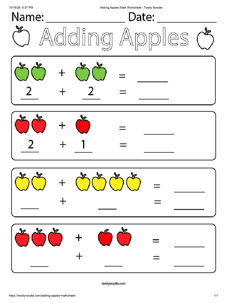 Adding Apples Math Worksheet - Twisty Noodle | PDF