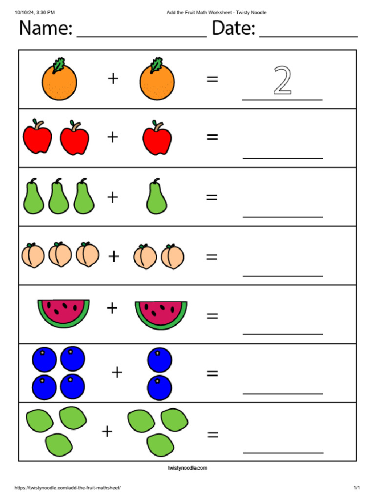 Add The Fruit Math Worksheet - Twisty Noodle | PDF | Self-Improvement ...