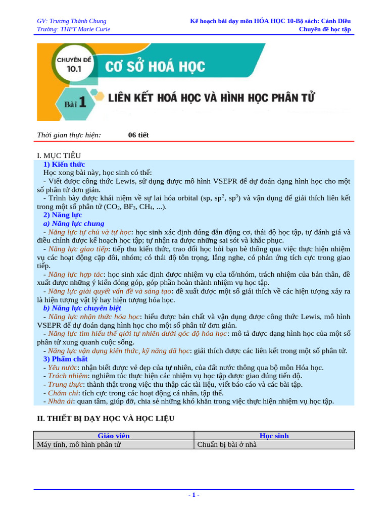 [2223-H10-KHBD] Chuyen de 10.1-Bai 1-Lien ket hoa hoc và hinh hoc phan tu | PDF