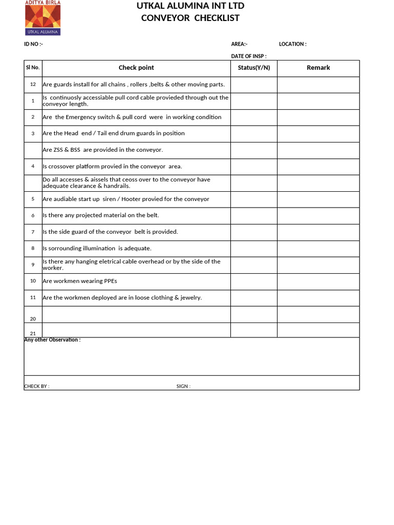 Conveyor Safety Inspection Checklist | PDF