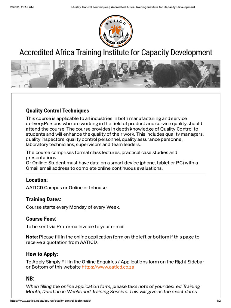 Quality Control Techniques - Accredited Africa Training Institute For Capacity Development | PDF