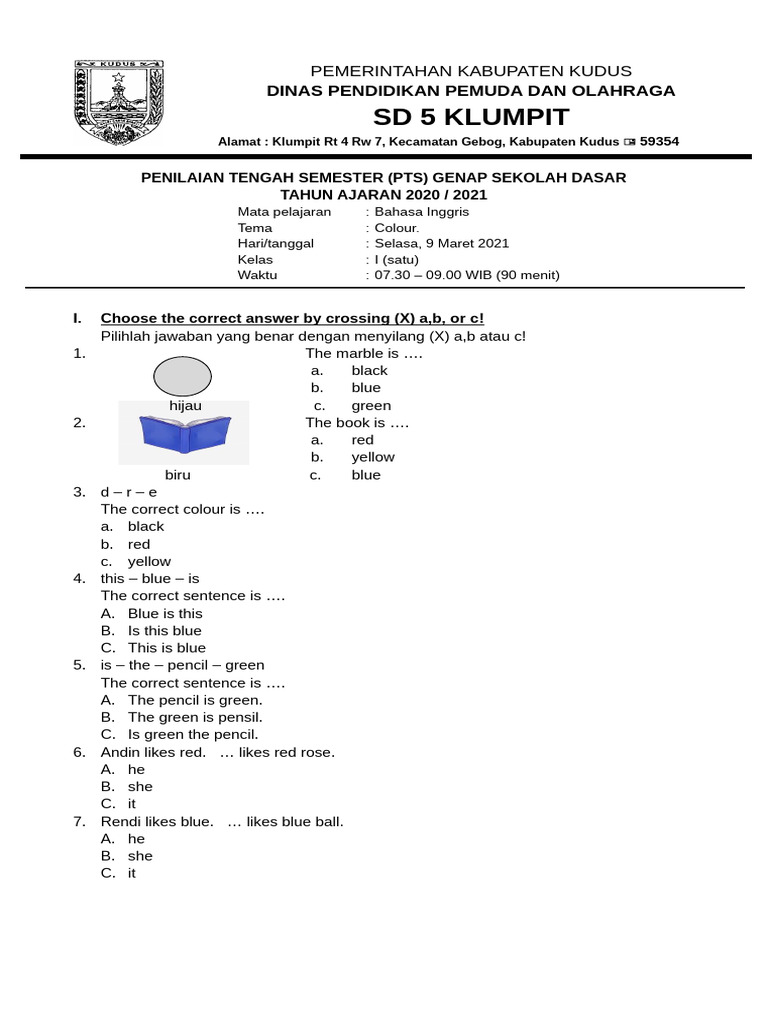 Soal PTS Genap Kelas 1 Bhs Inggris Fix | PDF