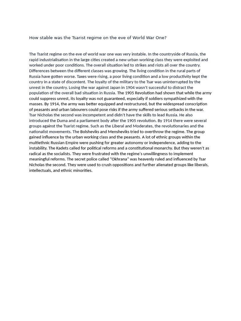 Instability of Tsarist Russia Pre-WWI | PDF | Politics | History