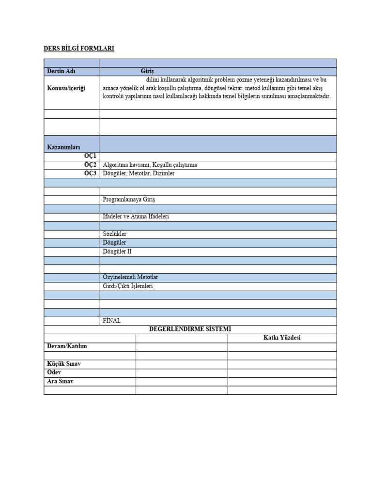 Yzmo Ders Bilgi Formu | PDF