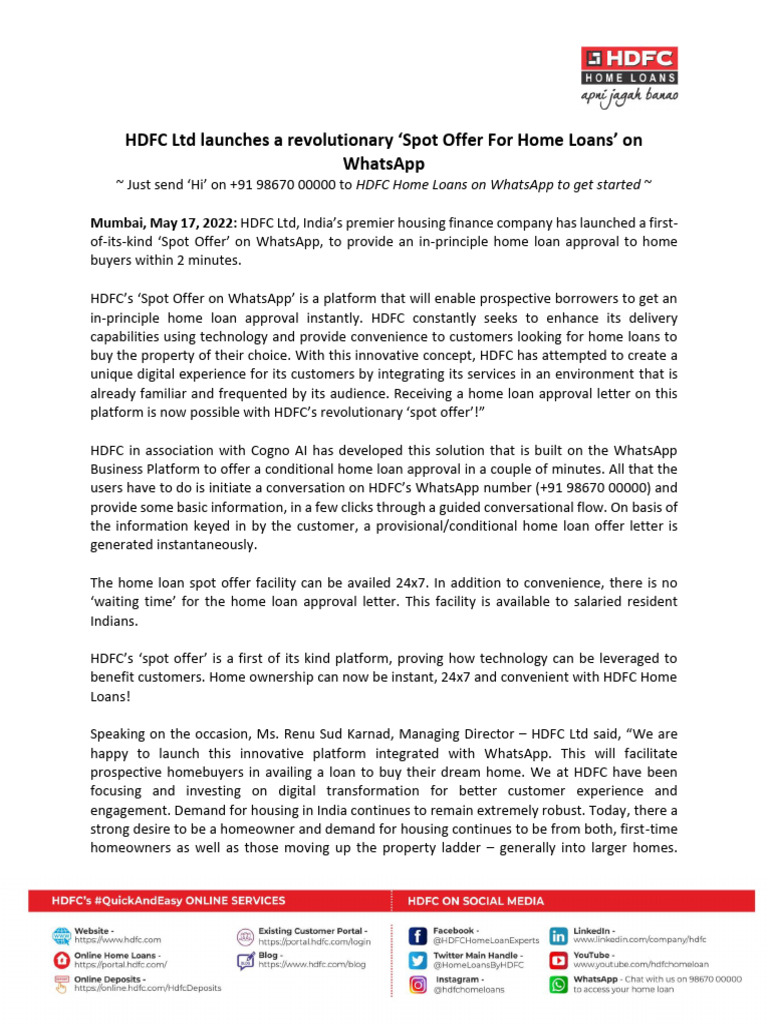 Press Release HDFC LTD Spot Offer On Whatsapp | PDF | Mortgages | Economies
